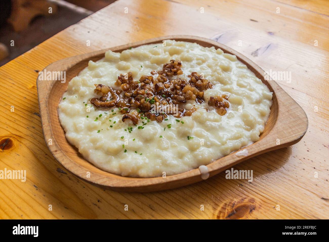 National meal of Slovakia - bryndzove halusky. Boiled lumps of potato ...