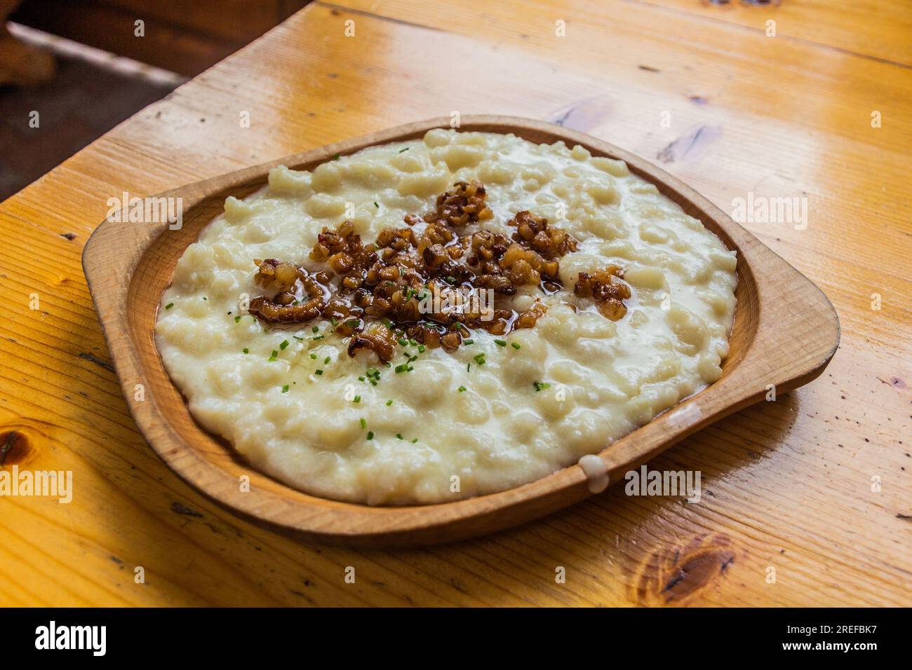 National meal of Slovakia - bryndzove halusky. Boiled lumps of potato ...