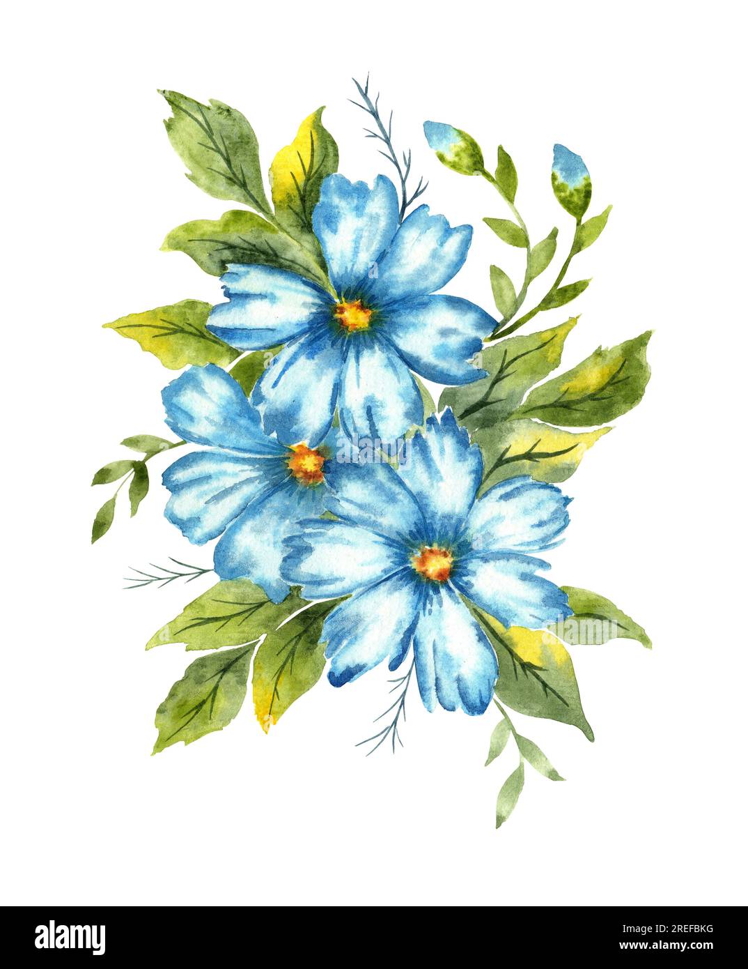 Watercolor illustration of a bouquet of blue crimson flowers. Colors ...