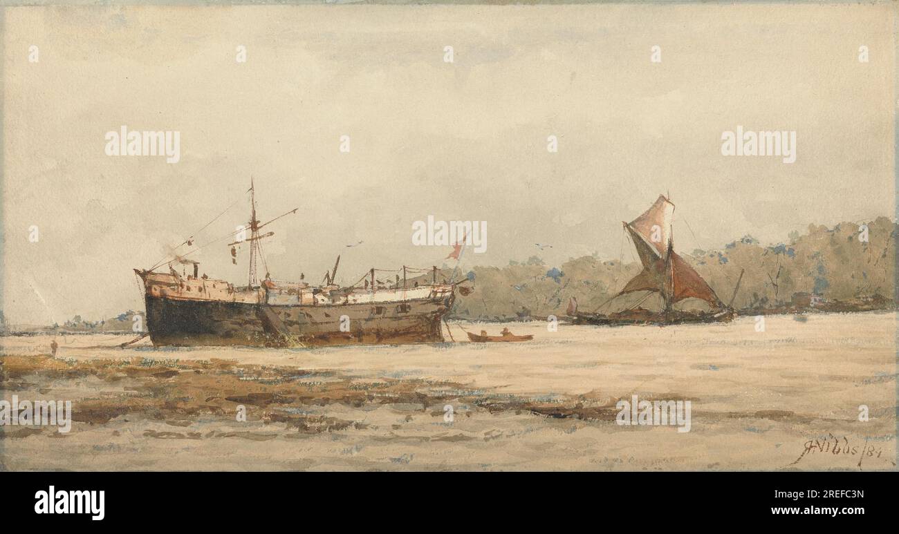 A Moored Barque and Barge in a River 1884 by Richard Henry Nibbs Stock ...