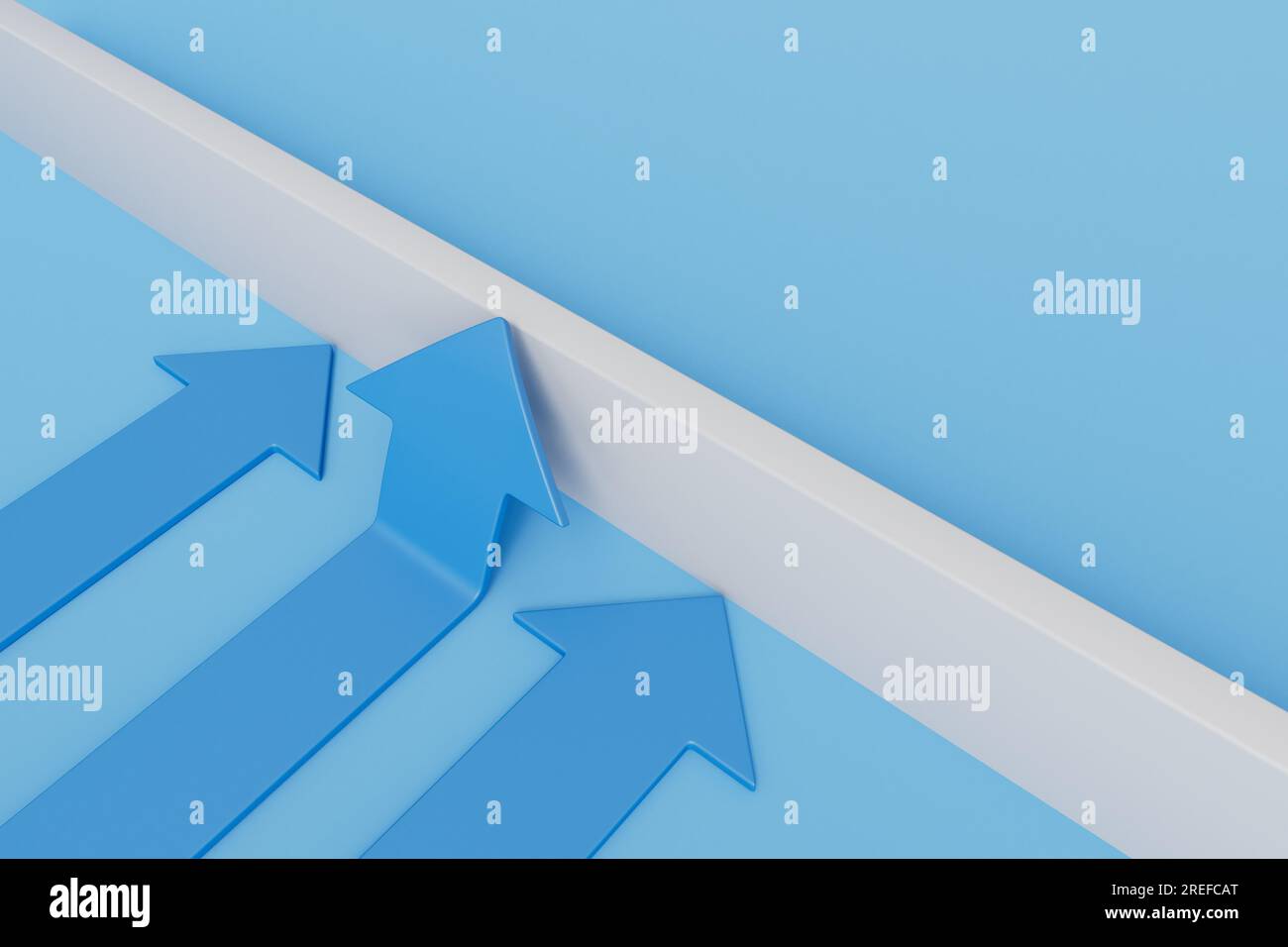 Business leadership and strategy. An arrow overcomes a barrier leaving ...