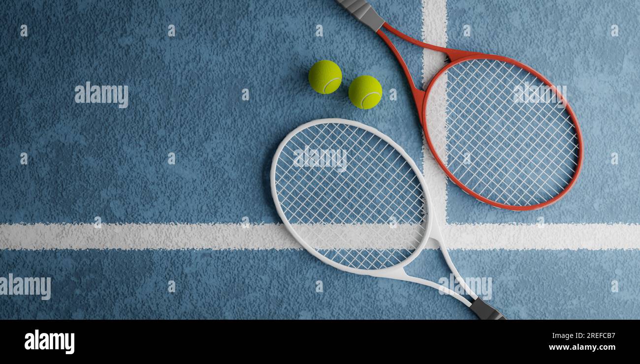 Two tennis rackets and balls on the tennis court, 3d rendering Stock ...