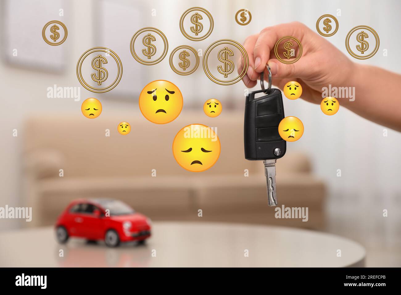 Man with car key indoors, closeup. Sad emoji illustrations and and ...