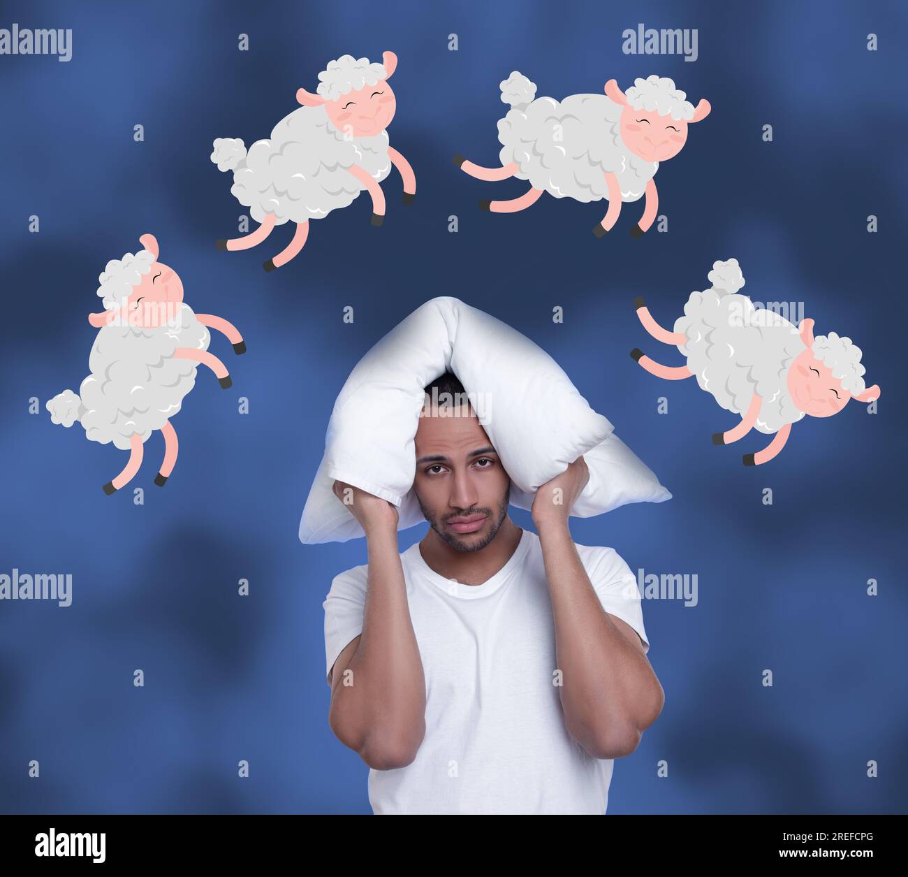 Insomnia. Tired man covering head with pillow. Illustrations of sheep ...
