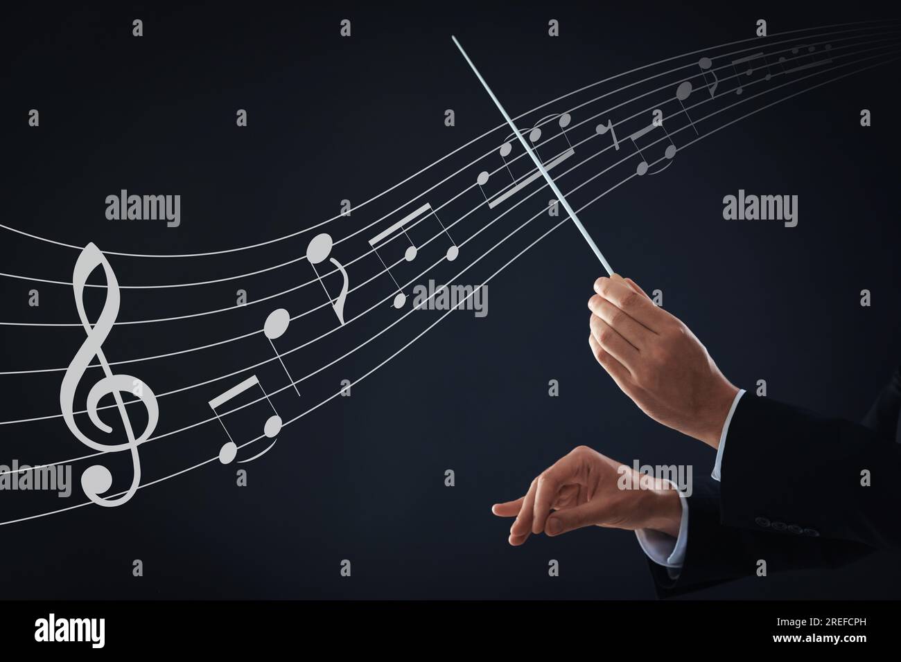 Conductor with baton and music notes on dark background, closeup Stock ...