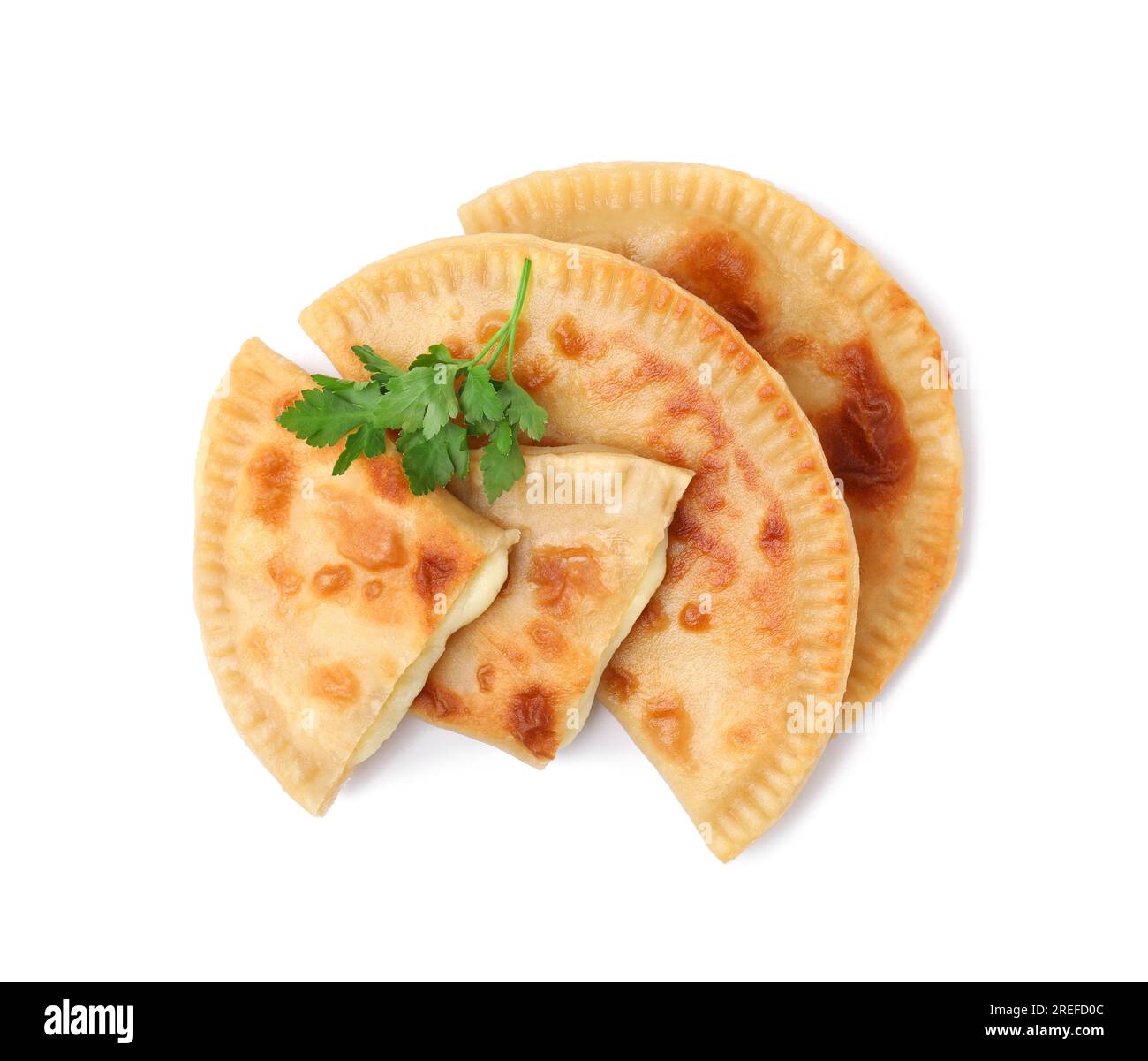 Delicious fried chebureki with cheese and parsley isolated on white ...