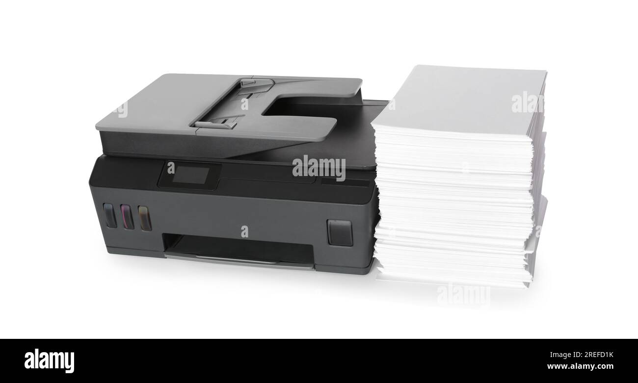 Modern printer and stack of paper on white background Stock Photo - Alamy