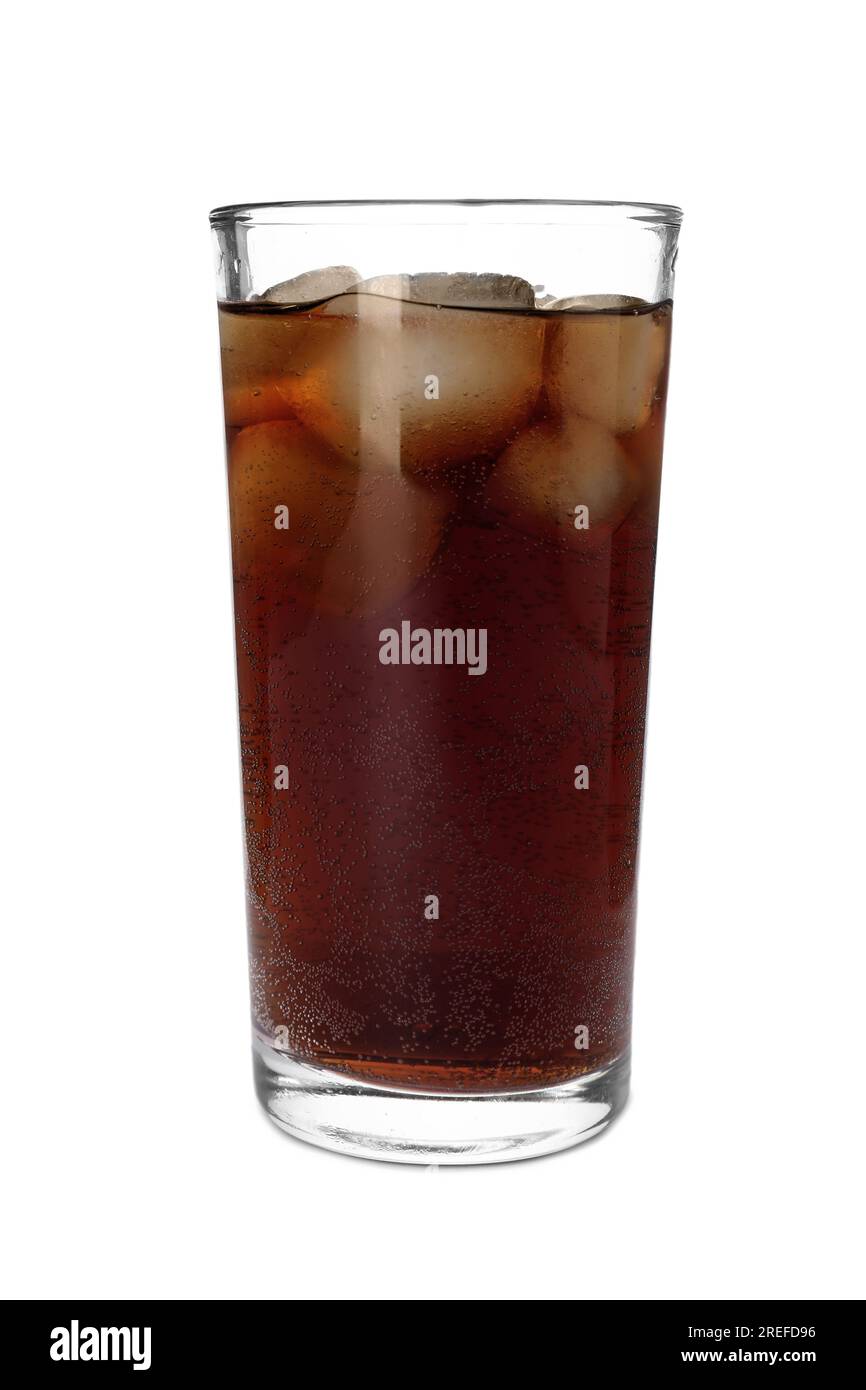 Glass of refreshing soda water with ice cubes isolated on white Stock ...