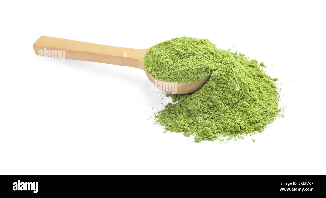 Wooden spoon with green matcha powder isolated on white Stock Photo - Alamy
