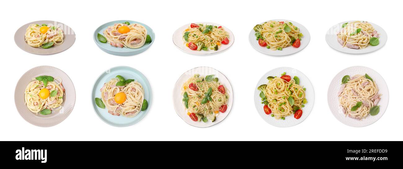 Set of different pasta dishes isolated on white, top and side views ...