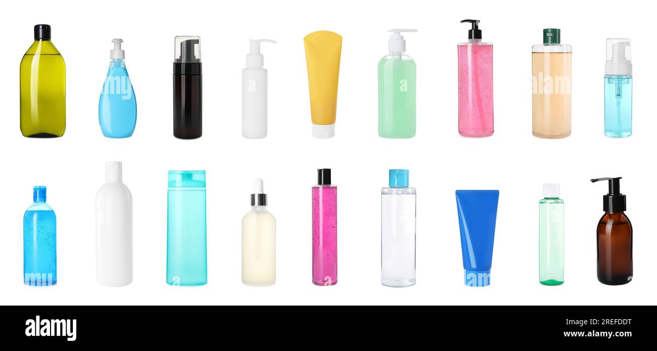 Set of different face cleansers or other cosmetic products isolated on ...
