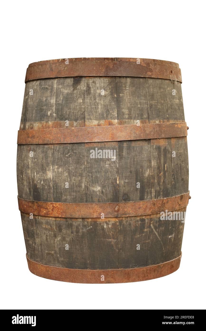 One wooden barrel with metal hoops isolated on white Stock Photo - Alamy