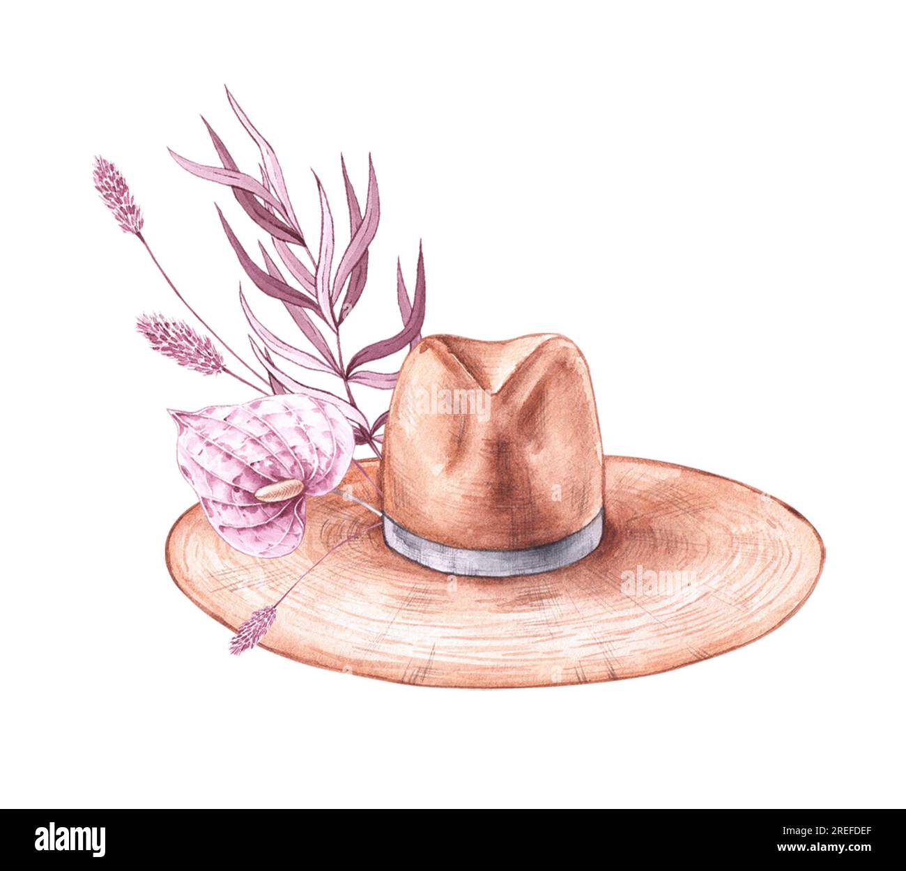 Felt hat in boho style with tropical flowers on a white background ...