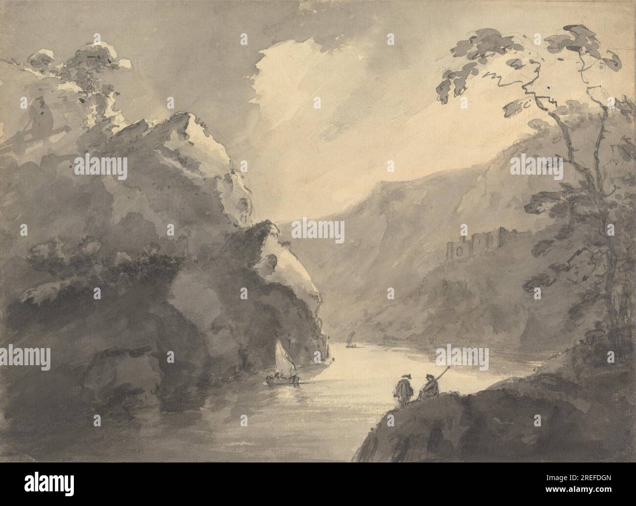 Mountainous landscape with winding river and castle by William Gilpin ...