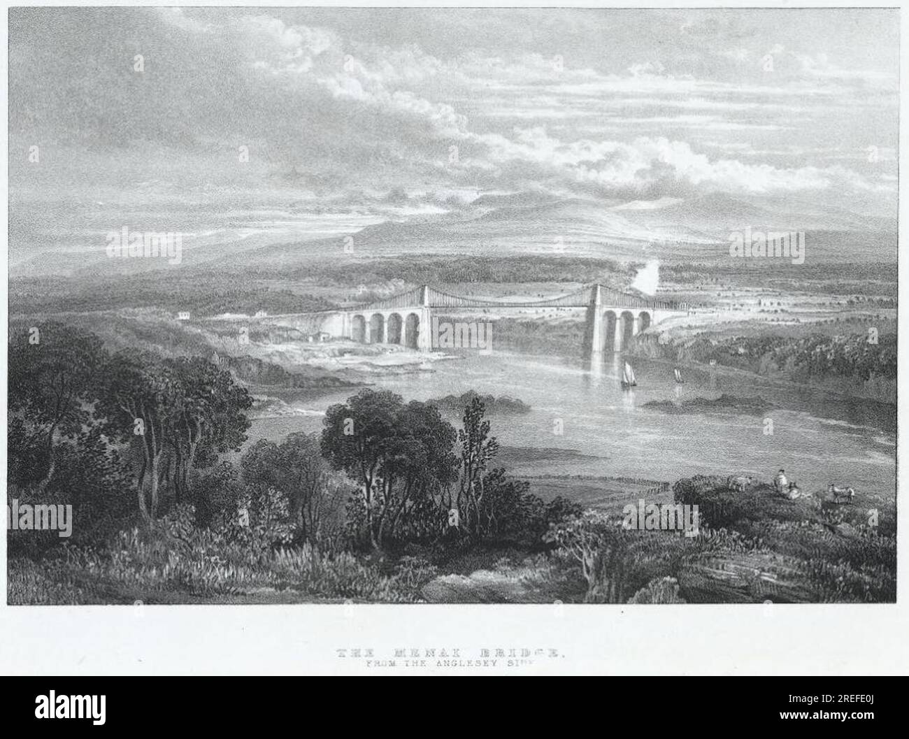 The Menai Bridge: from the Anglesey side circa 1850 by Paul Gauci Stock ...