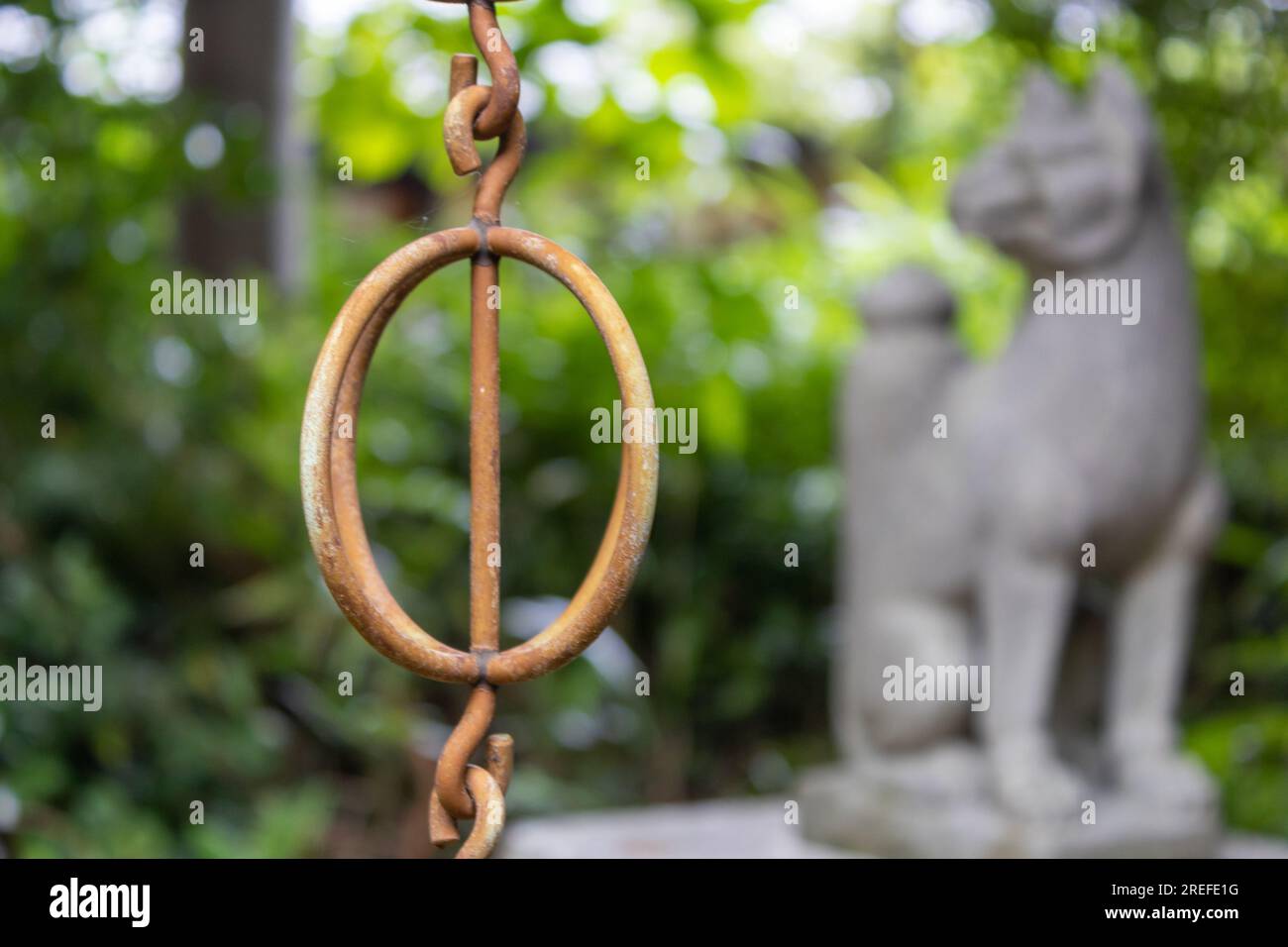 Rings on a traditional Japanese rain chain, or kusaridoi, at Kasuga ...