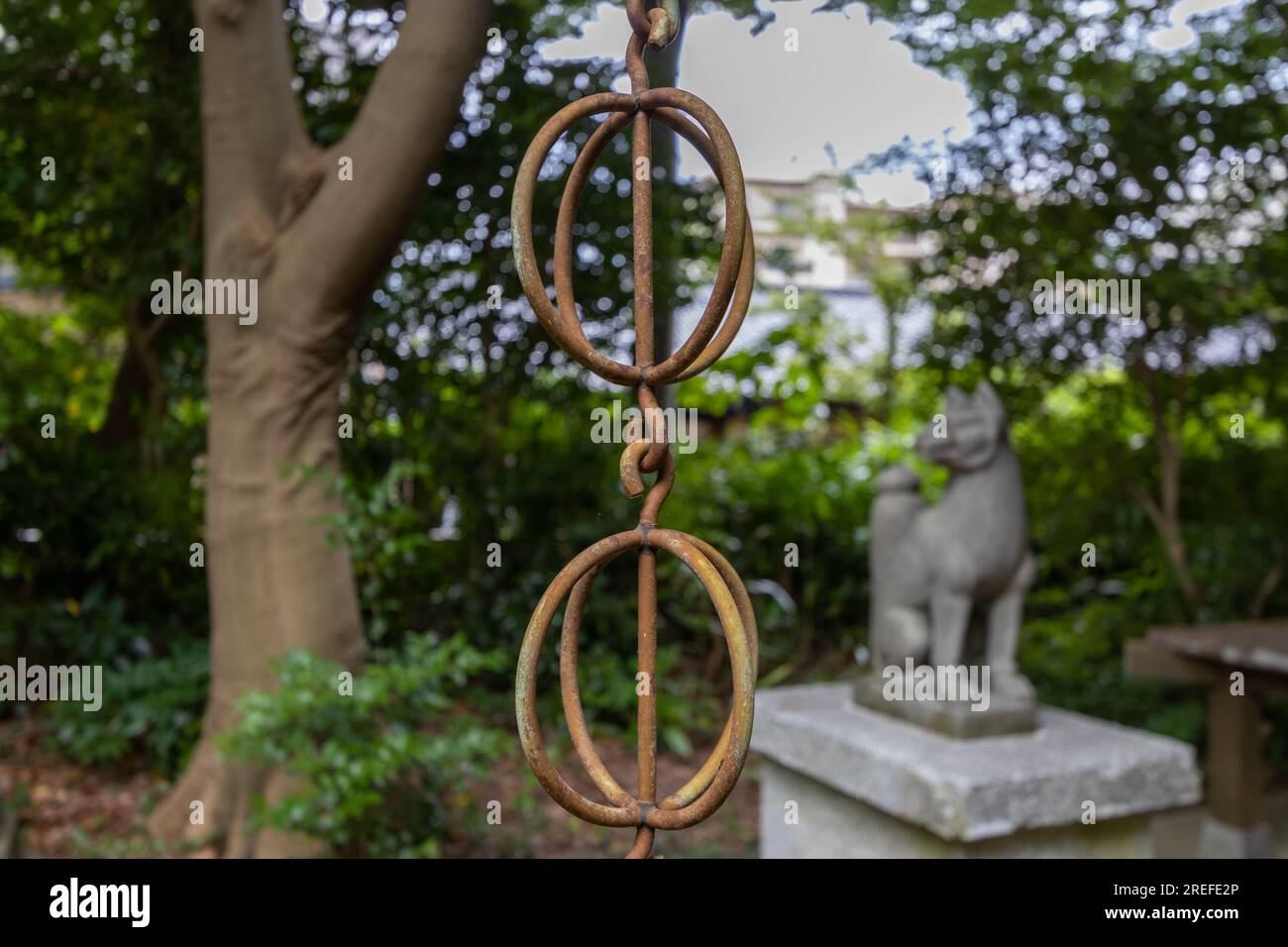 Rings on a traditional Japanese rain chain, or kusaridoi, at Kasuga ...