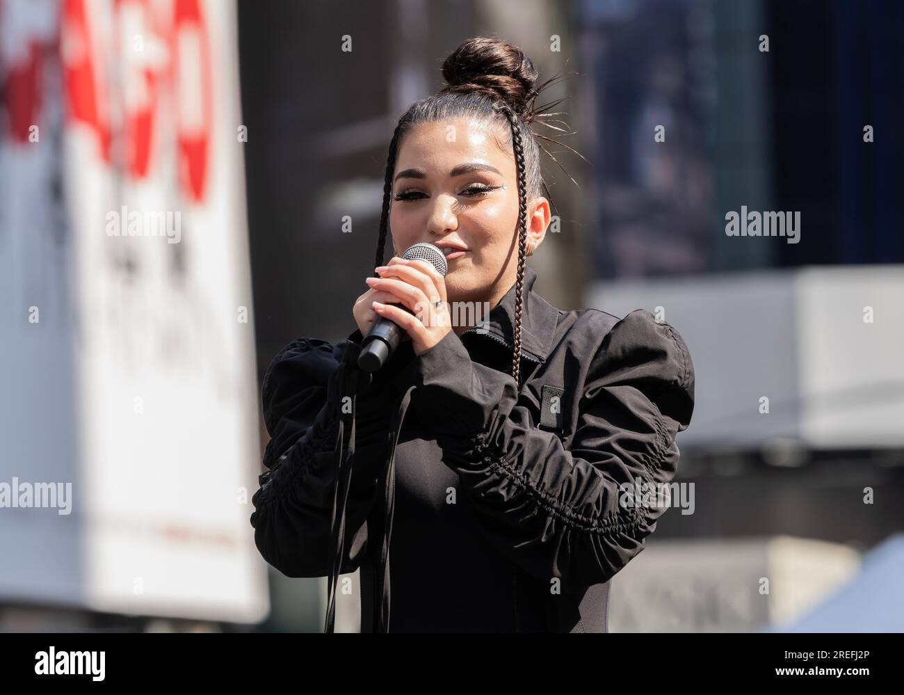 Singer Enisa performs before Governor Kathy Hochul announcement of ...