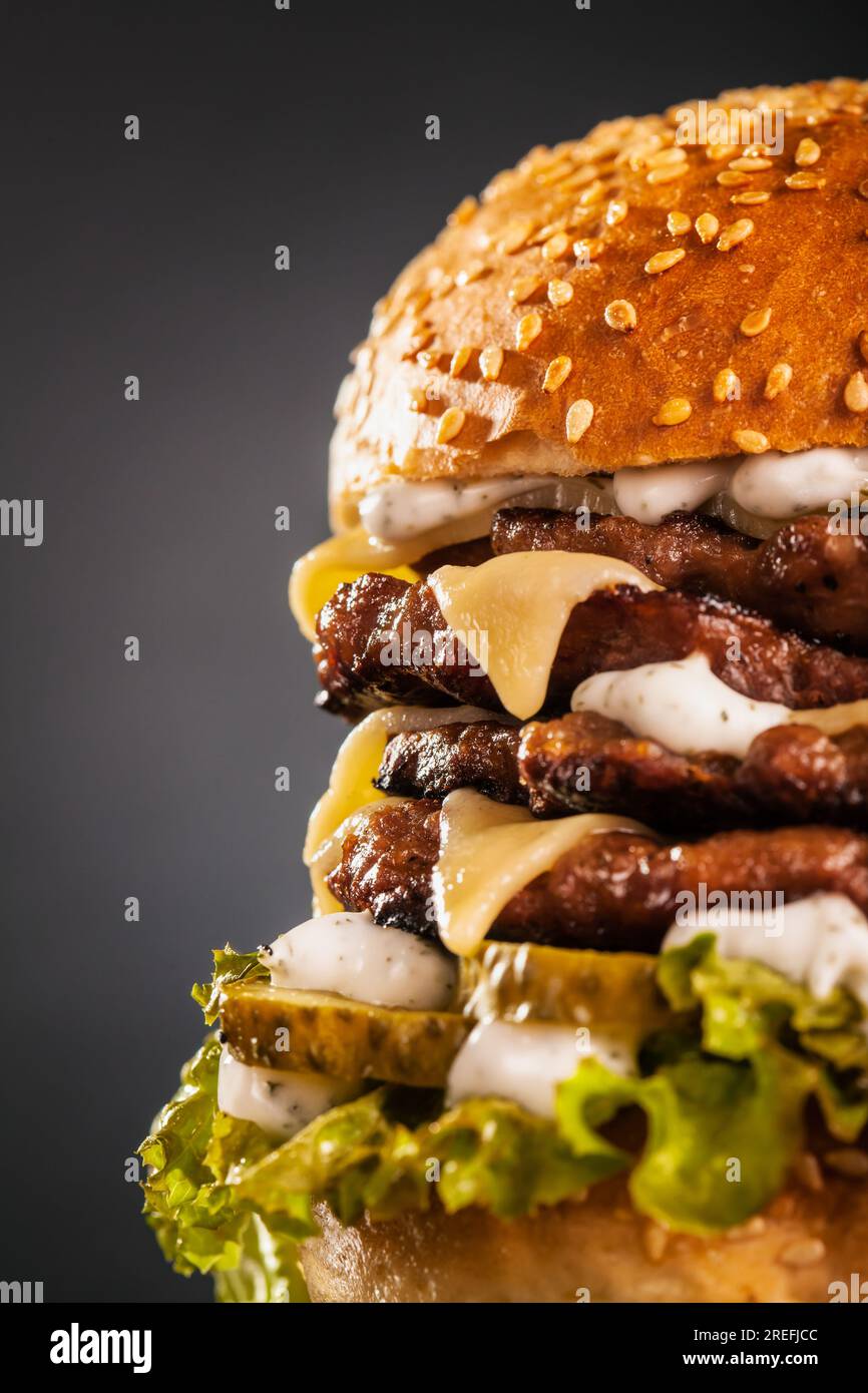 Abstract fast food. Quadruple burger with cheese cucumber and lettuce ...
