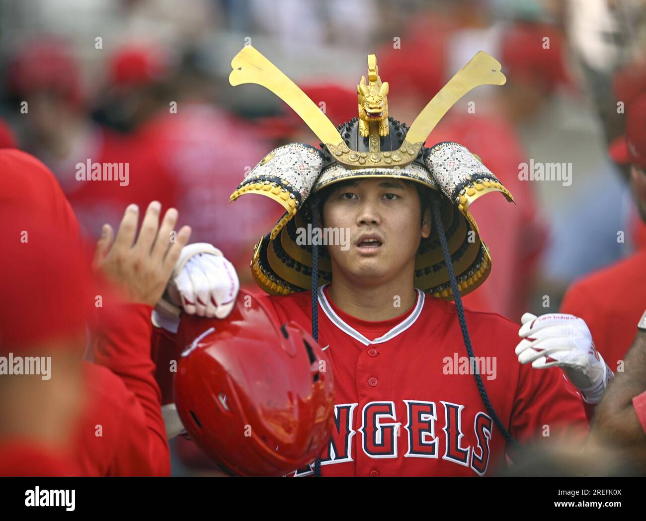 Shohei Ohtani of the Los Angeles Angels is pictured wearing a kabuto ...