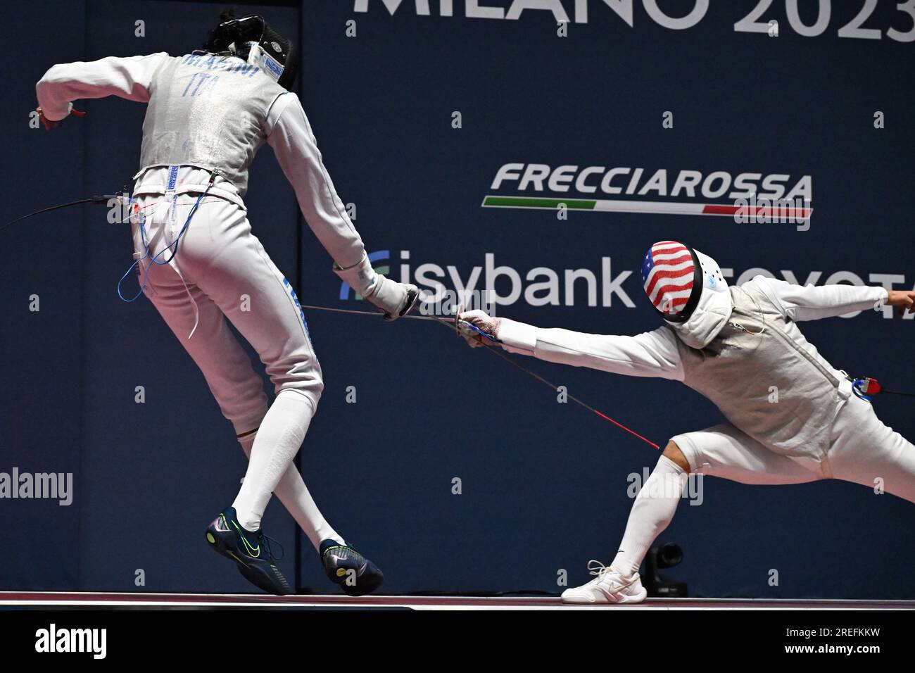 Tommaso Marini of Italy (L) fights against Nick Itkin of United States ...