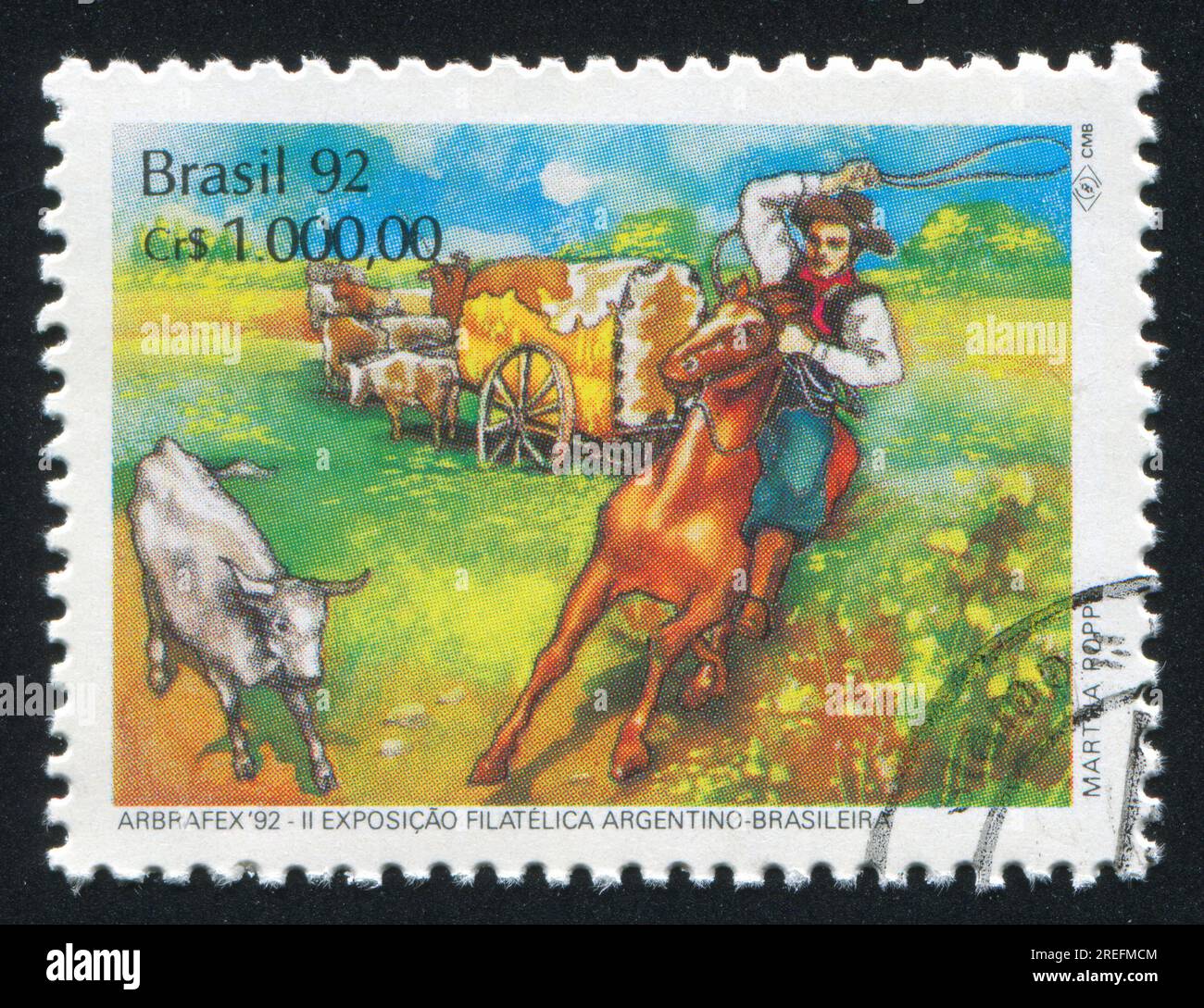 BRAZIL - CIRCA 1992: stamp printed by Brazil, shows Gaucho throwing ...