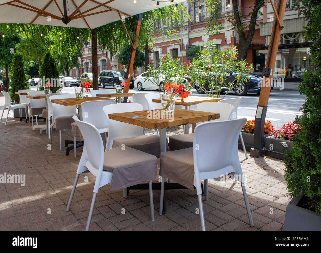 Beautiful Old Street in Kyiv With Deciduous Trees and Cafe Tables ...