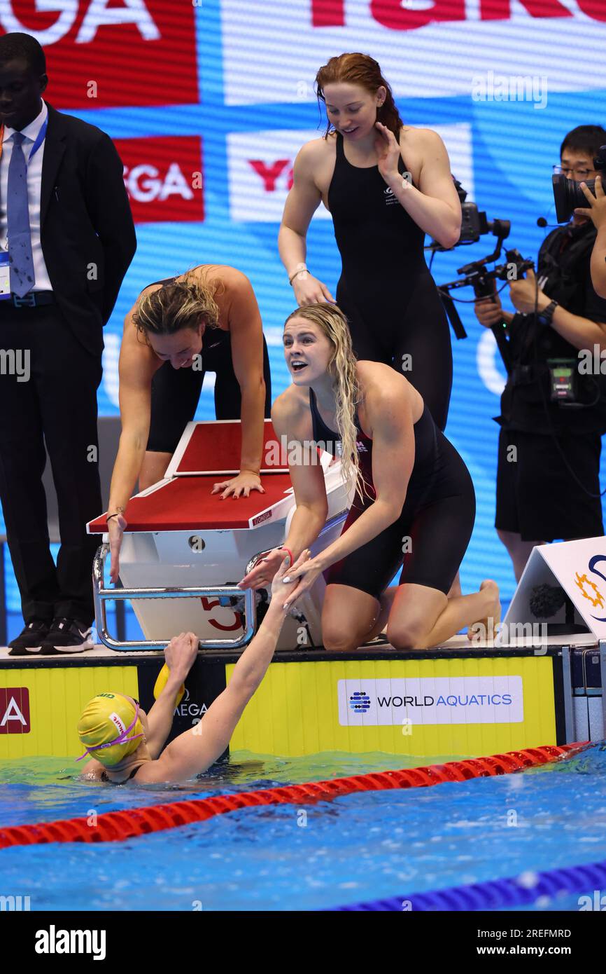 Australia team (AUS) celebrating after the Women 4x200m freestyle relay final swimming event at ...