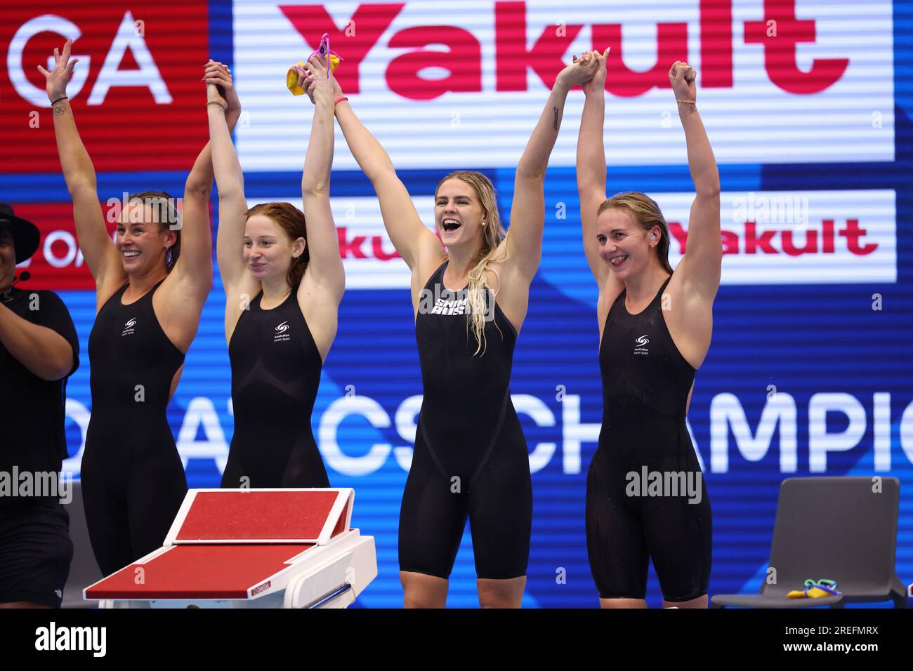 Australia team (AUS) celebrating after the Women 4x200m freestyle relay final swimming event at ...
