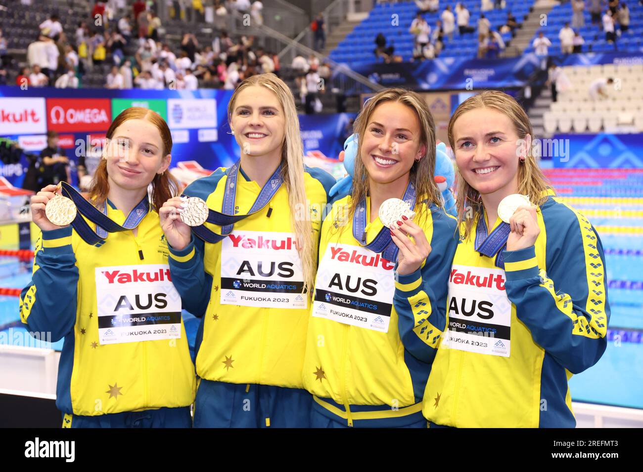 Australia team (AUS) celebrating after the Women 4x200m freestyle relay final swimming event at ...