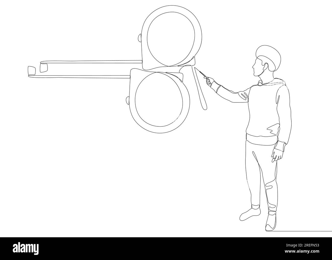One Continuous Line Of Man Pointing With Finger At Measuring Tape Thin Line Illustration Vector
