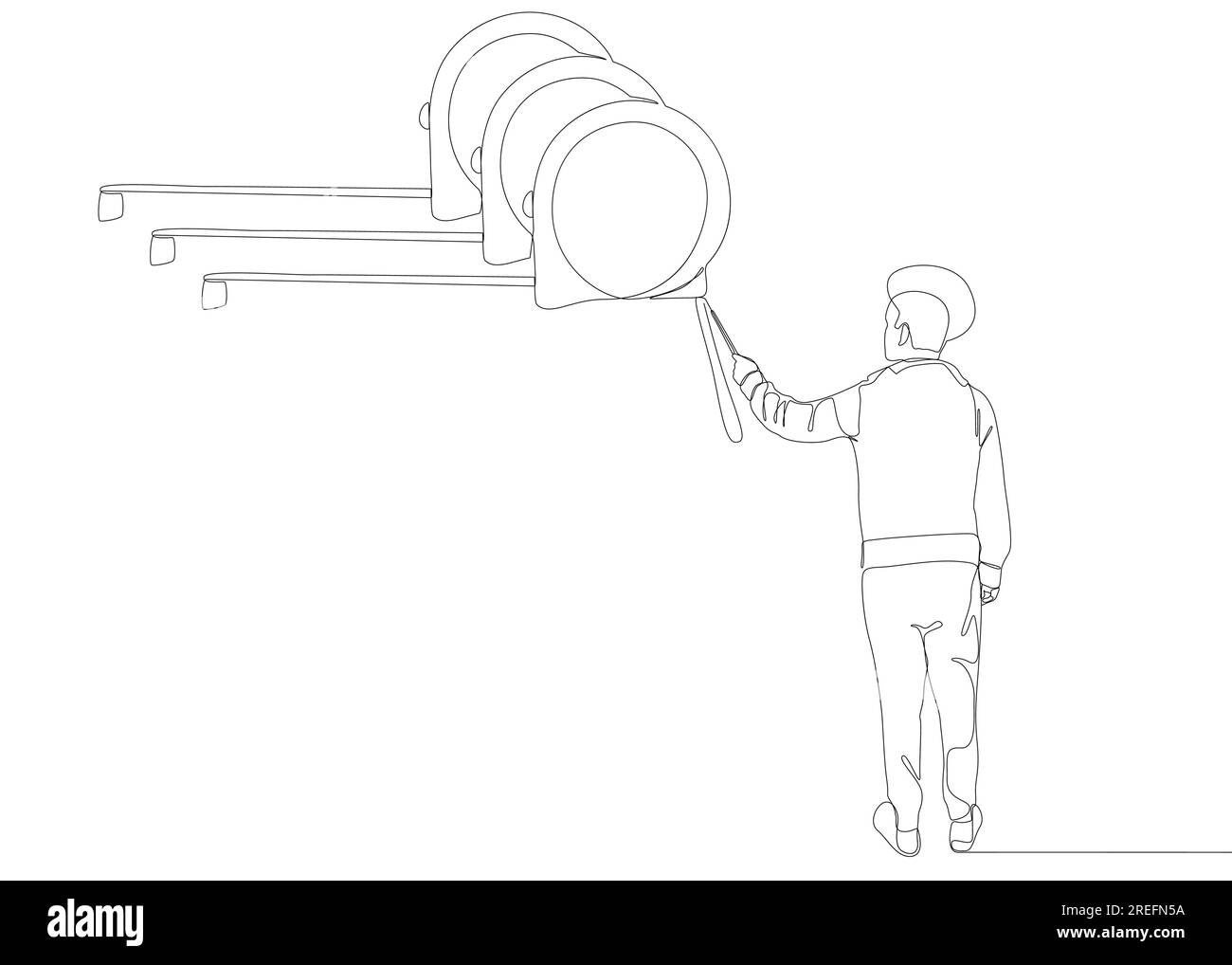 One Continuous Line Of Man Pointing With Finger At Measuring Tape Thin