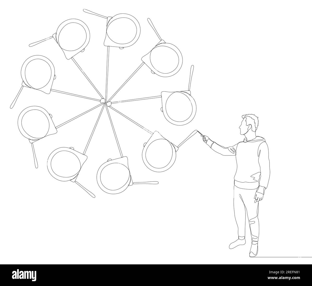 One Continuous Line Of Man Pointing With Finger At Measuring Tape Thin Line Illustration Vector