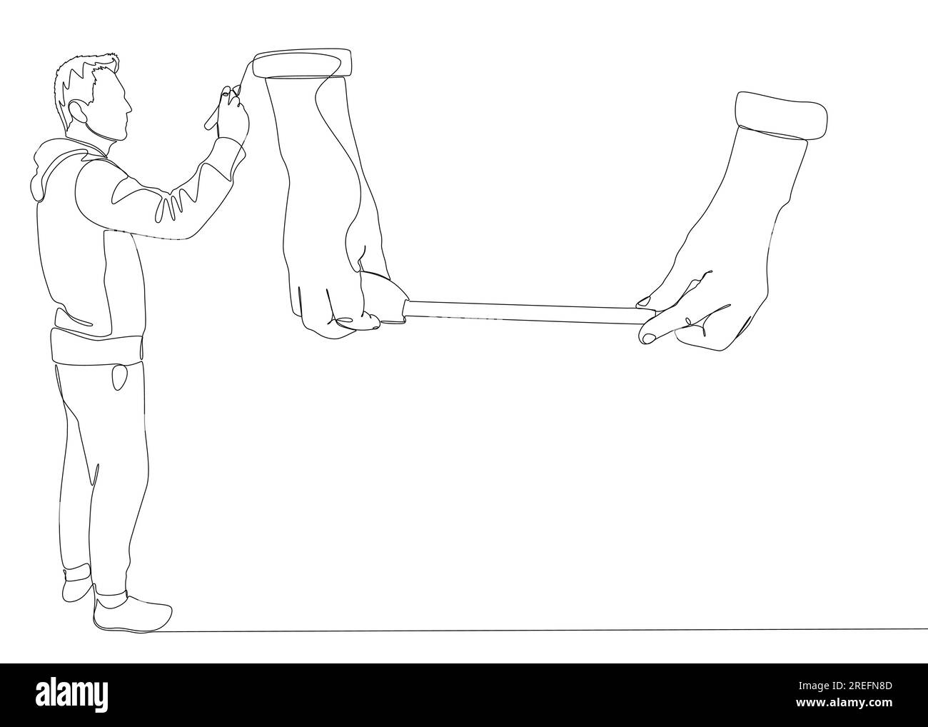 One Continuous Line Of Man Pointing With Finger At Measuring Tape Thin