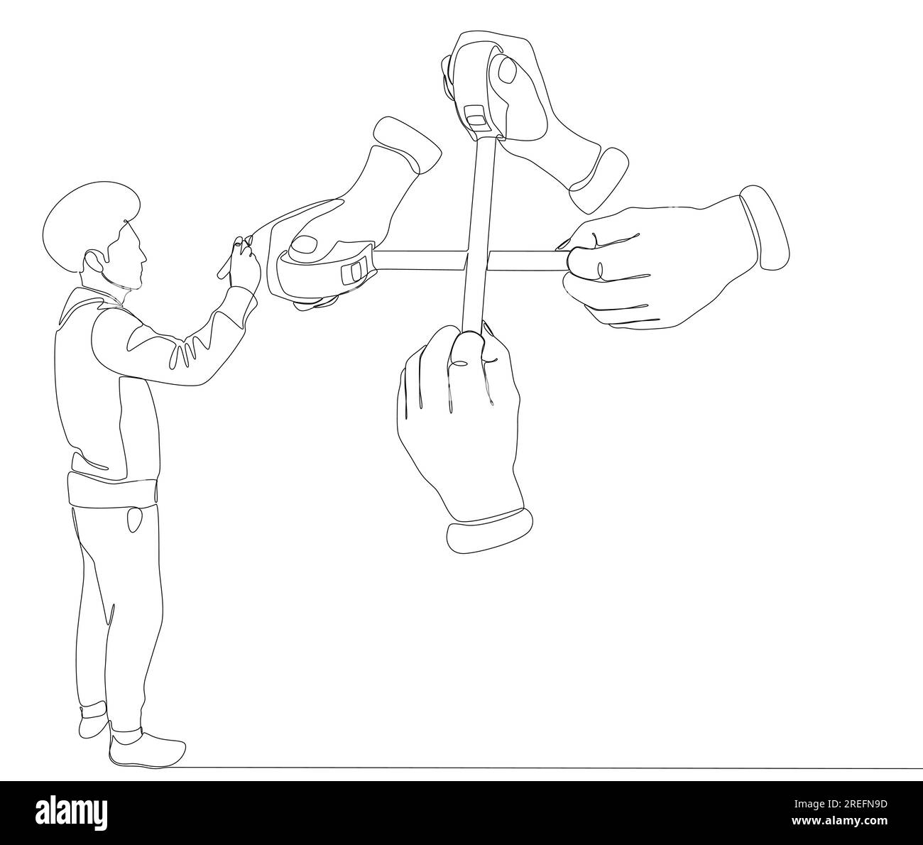 One Continuous Line Of Man Pointing With Finger At Measuring Tape Thin