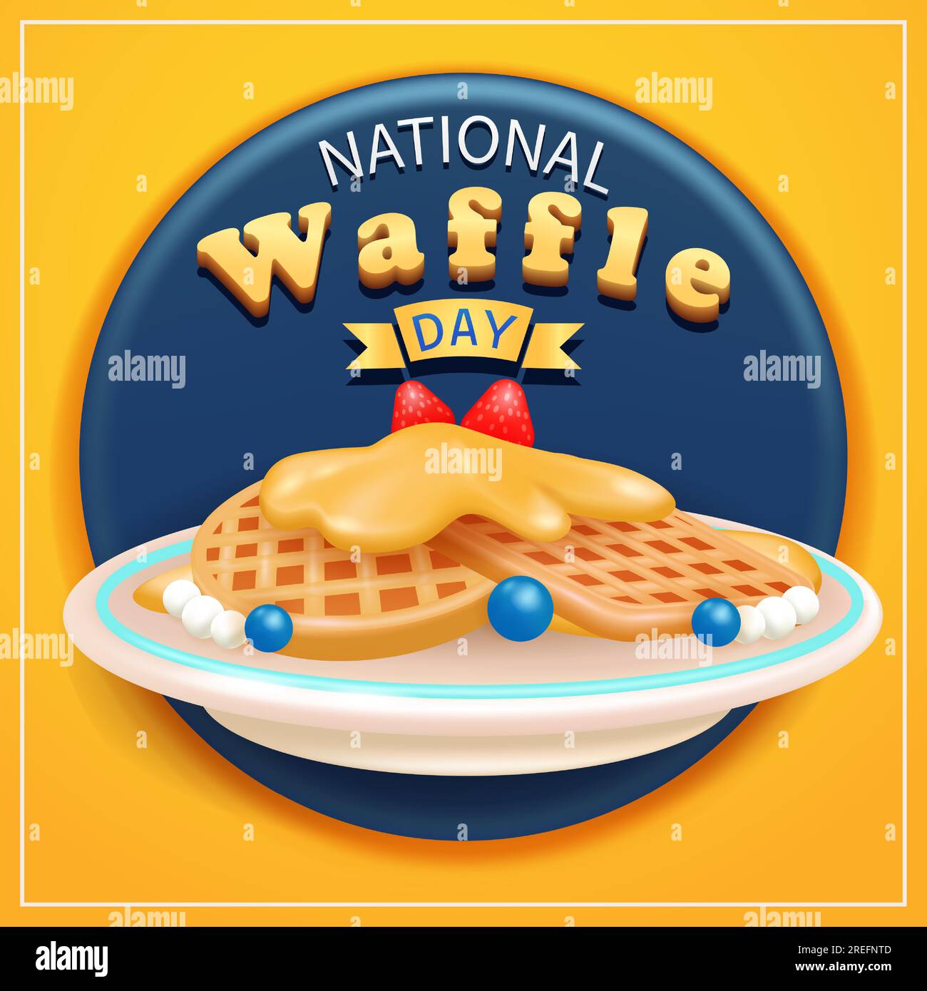 National waffle day. 3d vector of waffles on a plate topped with honey ...