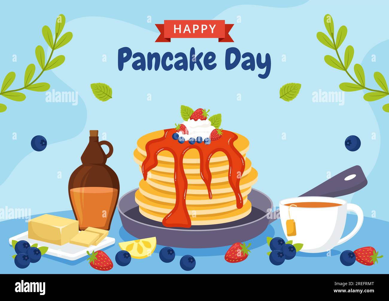 Pancake Day Vector Illustration a Plate of Pancakes Topped with Syrup, Cherries and Blueberries ...