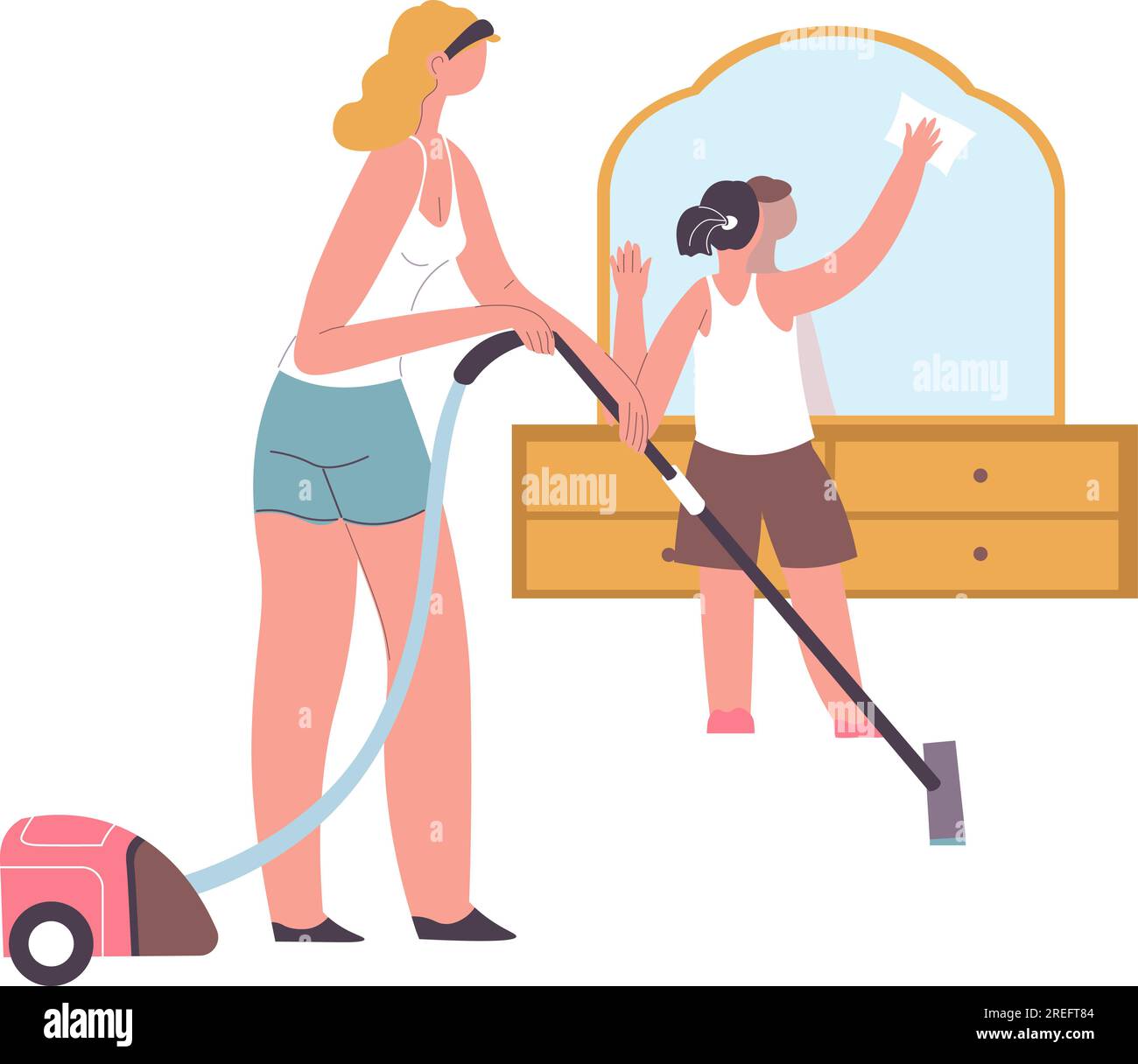 Small kid wiping surface of mirror and shelves, daughter helping mother ...