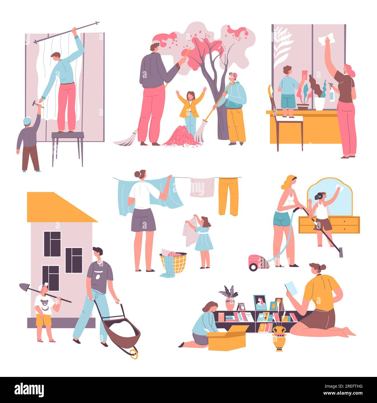 Kids helping parents with household chores and everyday cleaning ...