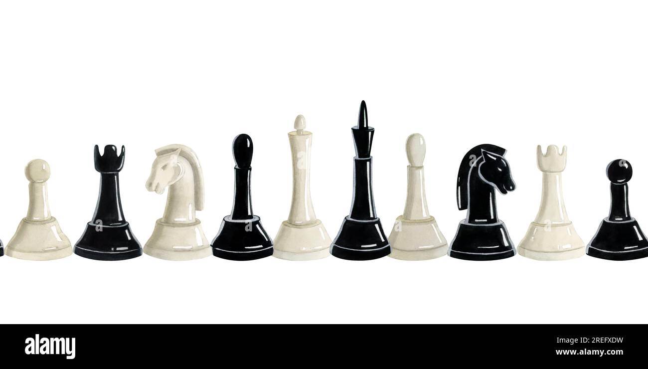 Hand drawn black and white chess pieces watercolor seamless border ...