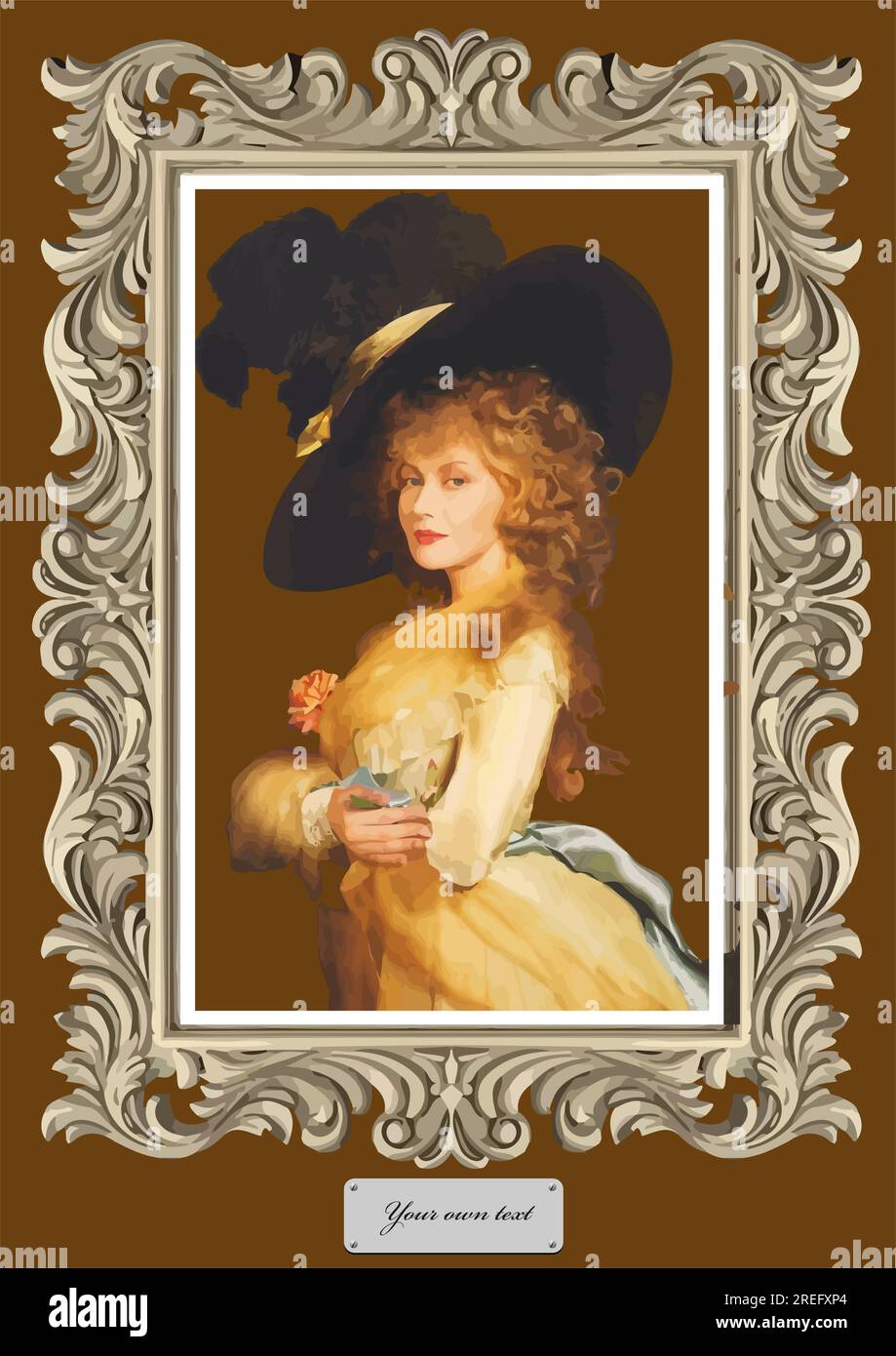 Fine art. Oil painting of a young lady. Exhibition frame. Color vector ...