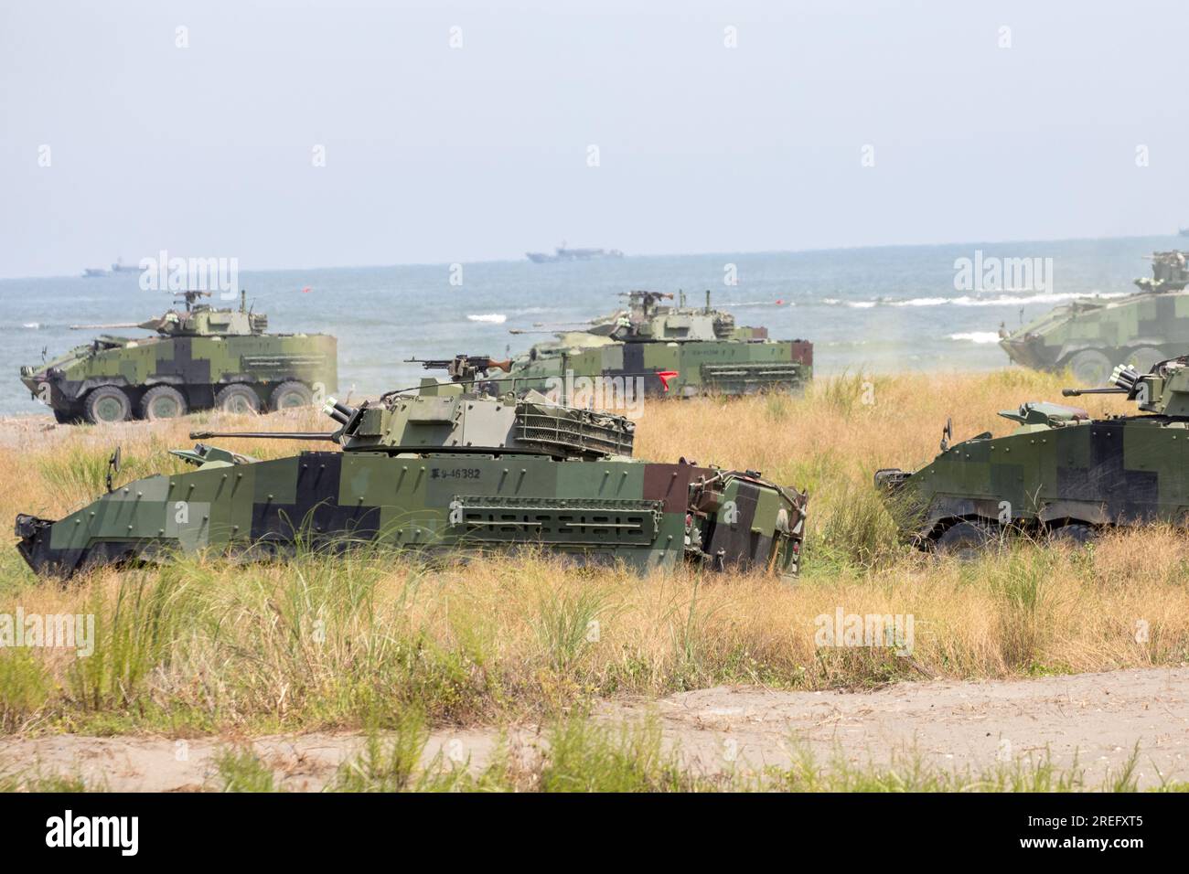 Soldiers disembark fromCM32 Armored Vehicle during a exercise in Taiwan ...