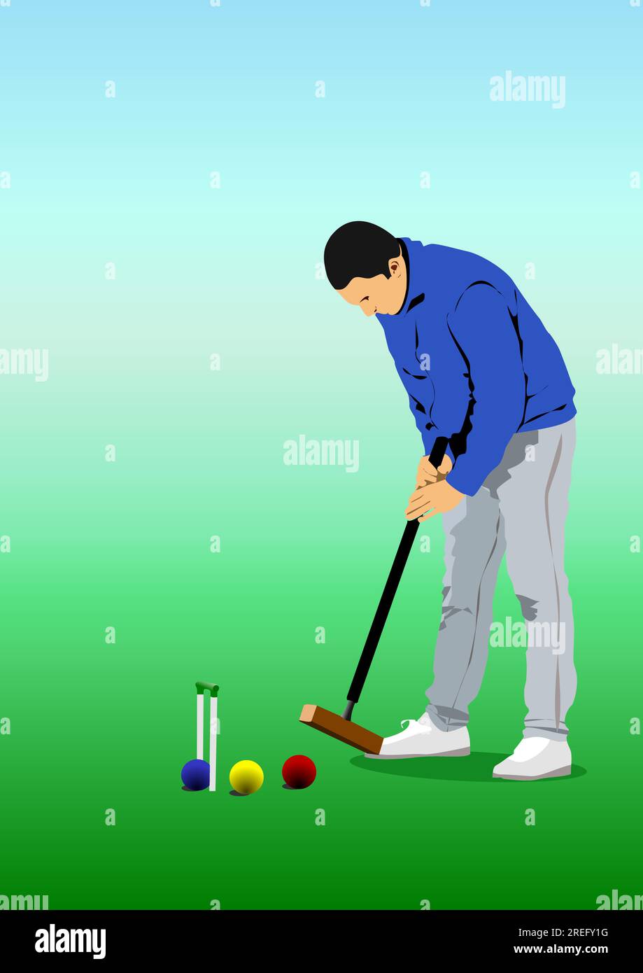 A croquet player about to strick the ball. 3d color vector illustration ...