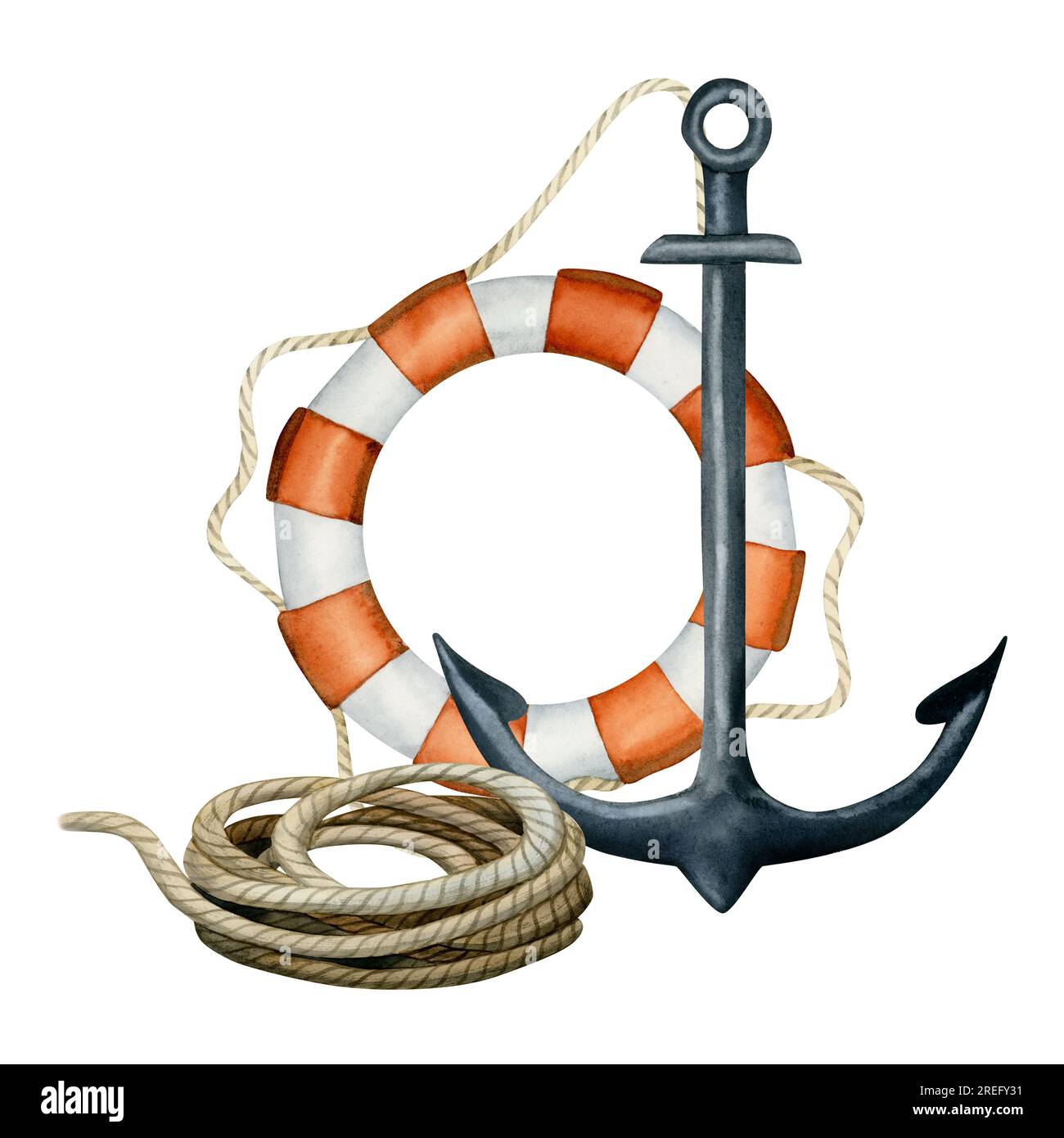 Steel anchor, rope role amd life preserver watercolor illustration for ...