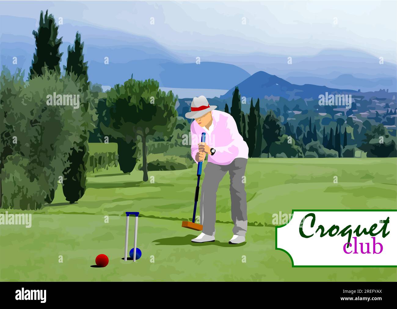 A croquet player about to strick the ball. 3d color vector illustration ...