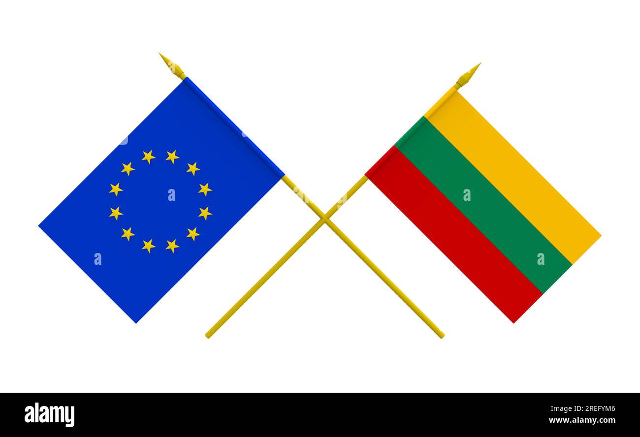 Flags of Lithuania and European Union, 3d render, isolated on white ...