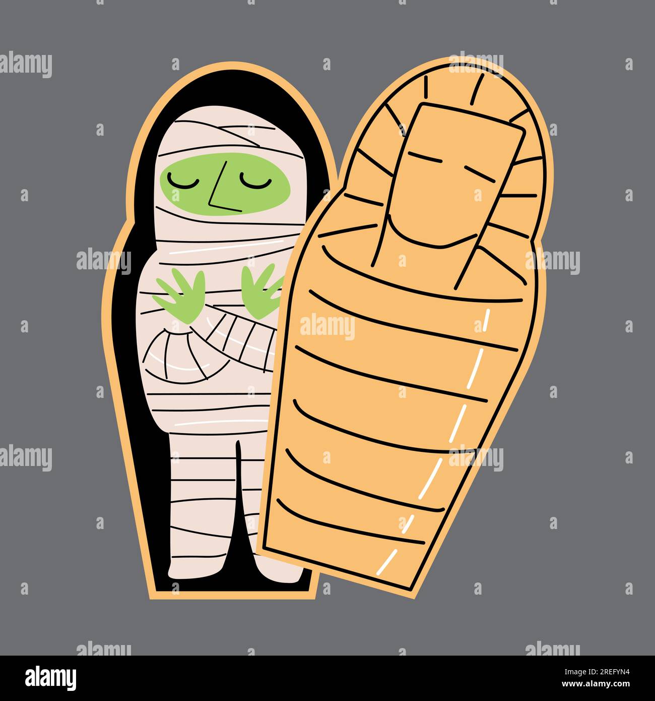Mummy come from within coffin . Halloween cartoon characters . Vector ...