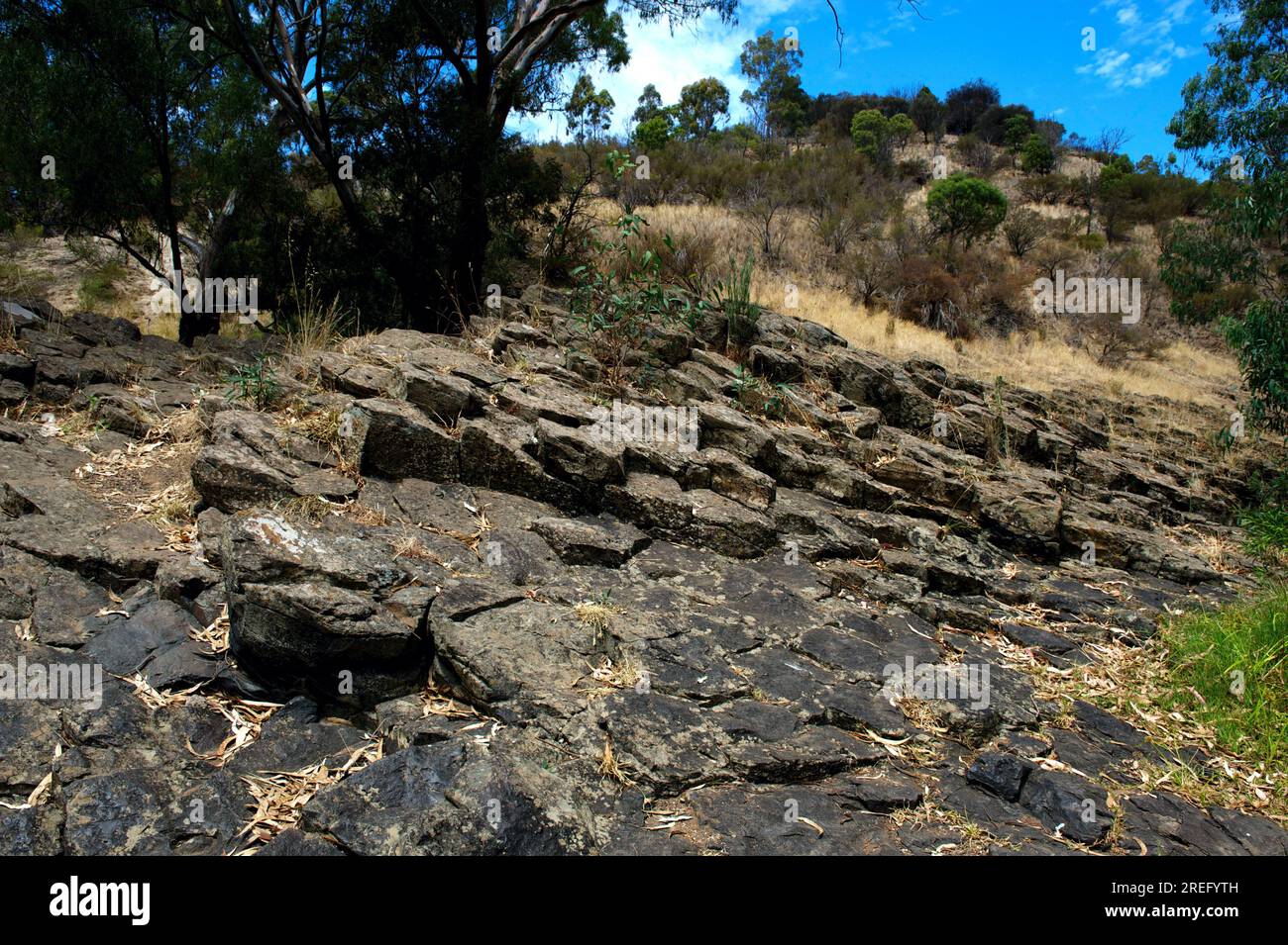 A rocky hillside in the Organ Pipes National Park in Victoria ...