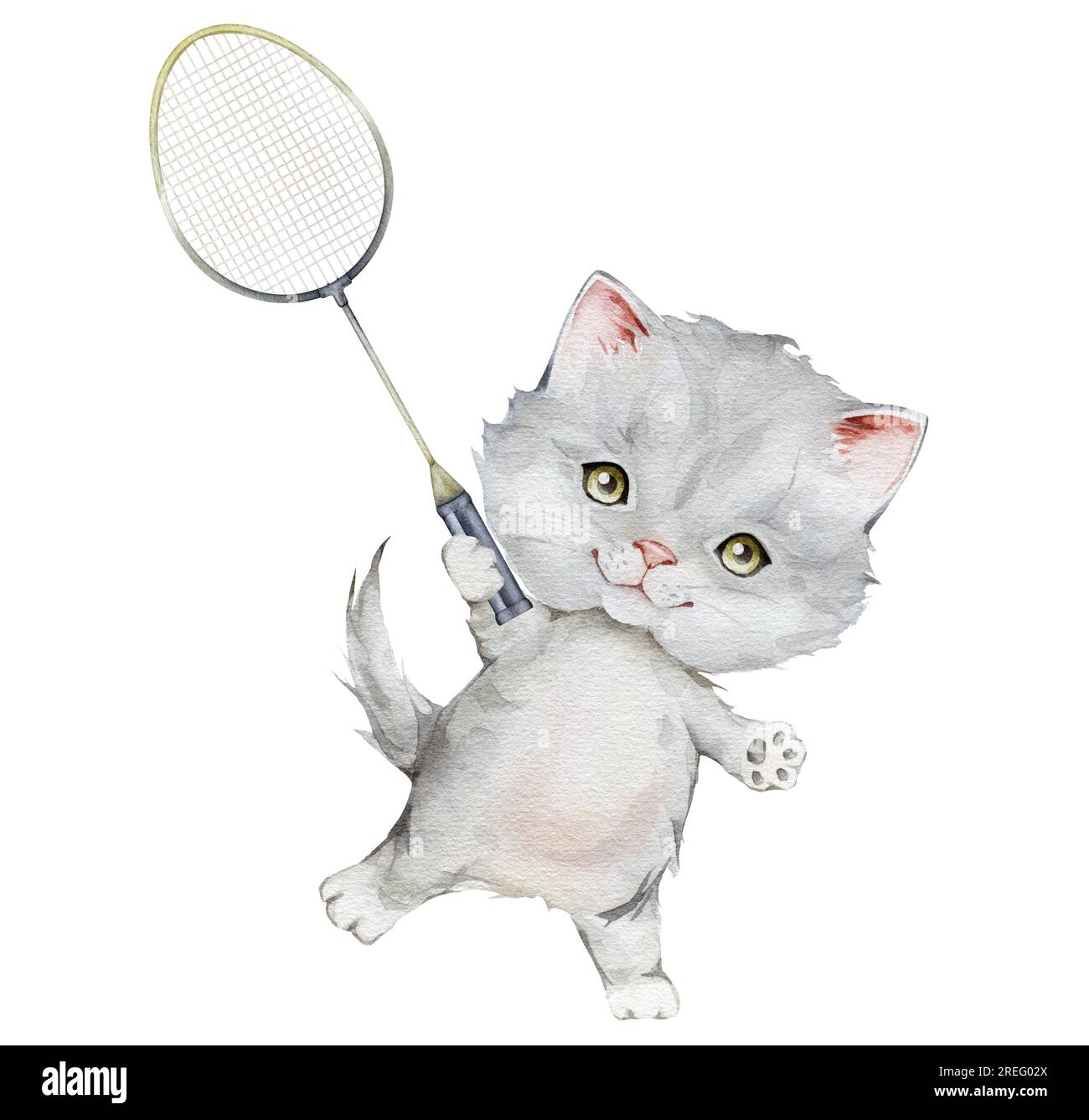 Little fluffy grey kitten badminton player holding racket watercolor ...