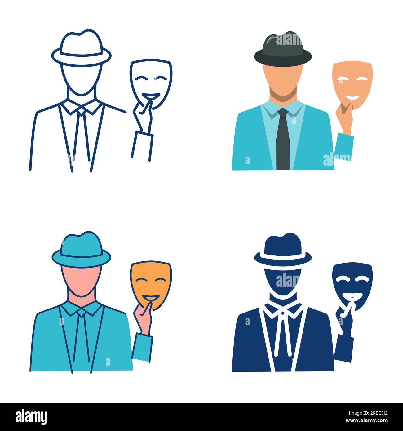 Spy agent with mask icon set in flat and line style. Man in hat holding ...